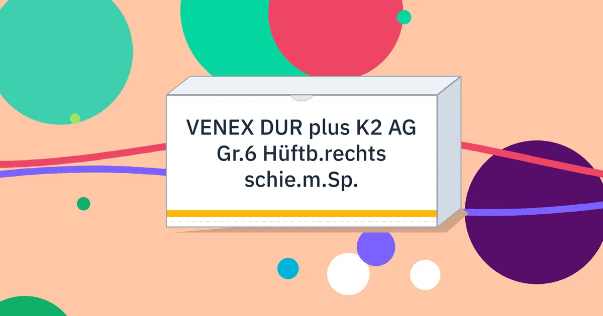 Symbolbild: Packung mit der Aufschrift VENEX DUR plus K2 AG Gr.6 Hüftb.rechts schie.m.Sp. (PZN 03238788) – Verfügbarkeit und Bezug in Apotheken in Frankfurt am Main