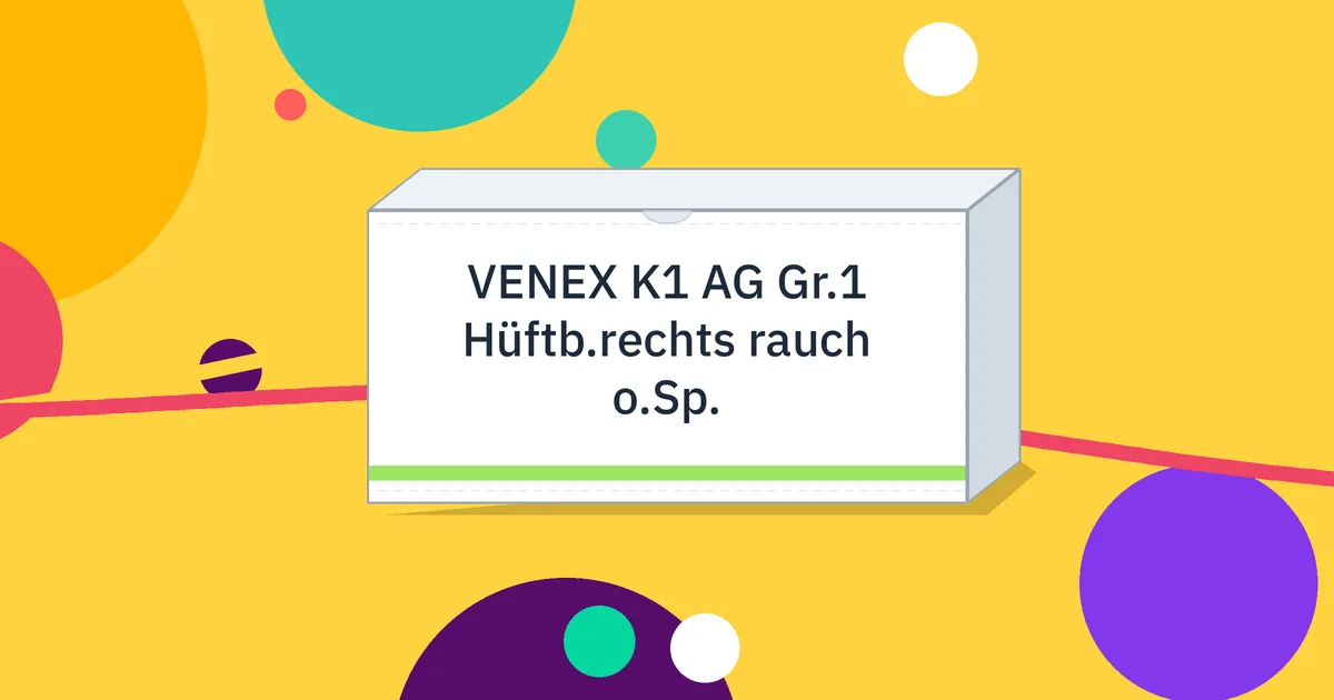 Symbolbild: Packung mit der Aufschrift VENEX K1 AG Gr.1 Hüftb.rechts rauch o.Sp. (PZN 03206908) – Verfügbarkeit und Bezug in Apotheken in Frankfurt am Main