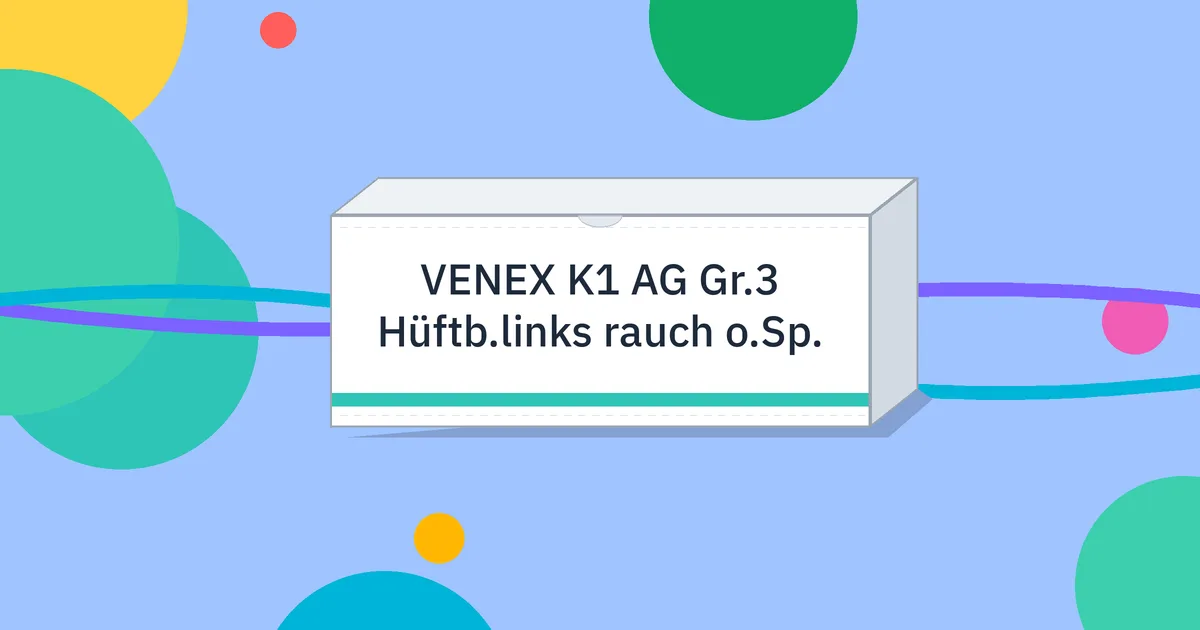 Symbolbild: Packung mit der Aufschrift VENEX K1 AG Gr.3 Hüftb.links rauch o.Sp. (PZN 03204973) – Verfügbarkeit und Bezug in Apotheken in Frankfurt am Main