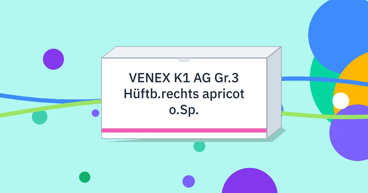 Symbolbild: Packung mit der Aufschrift VENEX K1 AG Gr.3 Hüftb.rechts apricot o.Sp. (PZN 03207575) – Verfügbarkeit und Bezug in Apotheken in Frankfurt am Main