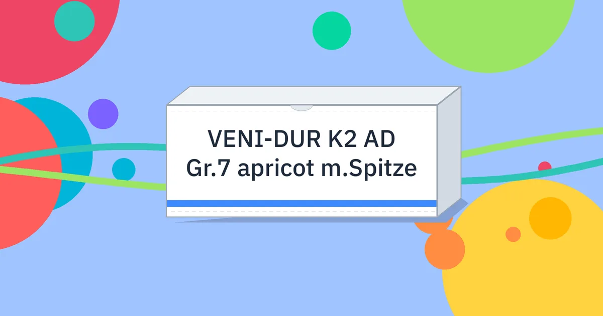 Symbolbild: Packung mit der Aufschrift VENI-DUR K2 AD Gr.7 apricot m.Spitze (PZN 03242904) – Verfügbarkeit und Bezug in Apotheken in Frankfurt am Main