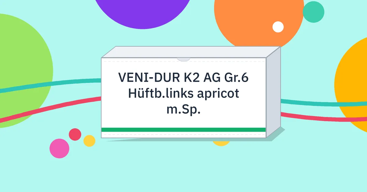 Symbolbild: Packung mit der Aufschrift VENI-DUR K2 AG Gr.6 Hüftb.links apricot m.Sp. (PZN 03246701) – Verfügbarkeit und Bezug in Apotheken in Frankfurt am Main
