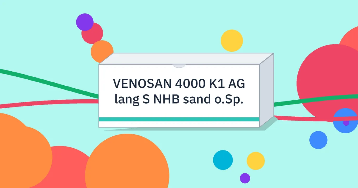 Symbolbild: Packung mit der Aufschrift VENOSAN 4000 K1 AG lang S NHB sand o.Sp. (PZN 14422070) – Verfügbarkeit und Bezug in Apotheken in Frankfurt am Main