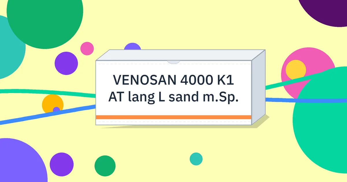 Symbolbild: Packung mit der Aufschrift VENOSAN 4000 K1 AT lang L sand m.Sp. (PZN 14421923) – Verfügbarkeit und Bezug in Apotheken in Frankfurt am Main