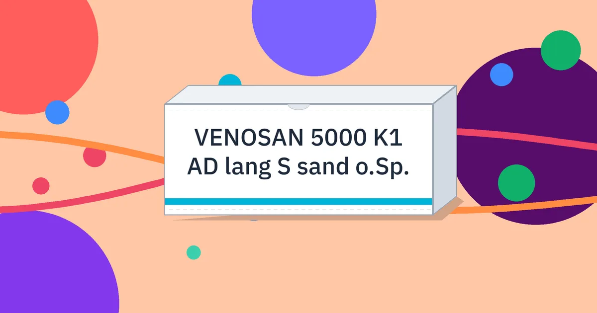 Symbolbild: Packung mit der Aufschrift VENOSAN 5000 K1 AD lang S sand o.Sp. (PZN 14427995) – Verfügbarkeit und Bezug in Apotheken in Frankfurt am Main