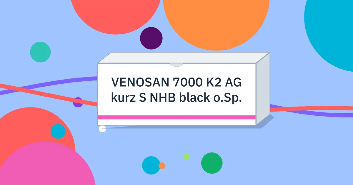 Symbolbild: Packung mit der Aufschrift VENOSAN 7000 K2 AG kurz S NHB black o.Sp. (PZN 14435977) – Verfügbarkeit und Bezug in Apotheken in Frankfurt am Main
