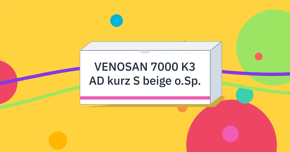 Symbolbild: Packung mit der Aufschrift VENOSAN 7000 K3 AD kurz S beige o.Sp. (PZN 14435049) – Verfügbarkeit und Bezug in Apotheken in Frankfurt am Main