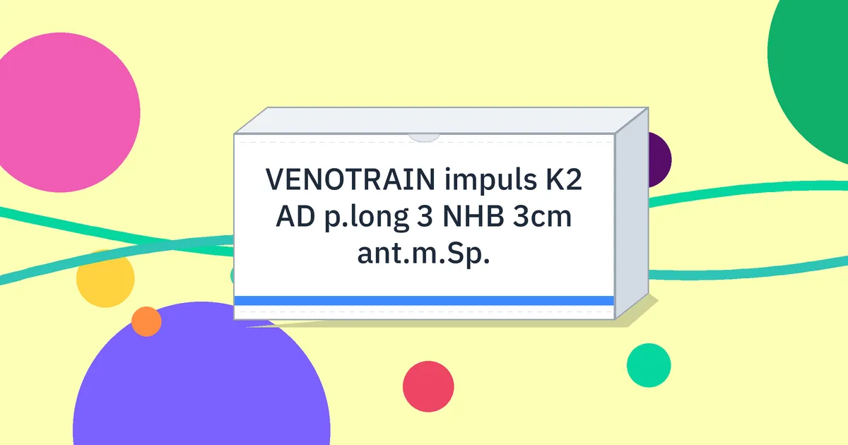 Symbolbild: Packung mit der Aufschrift VENOTRAIN impuls K2 AD p.long 3 NHB 3cm ant.m.Sp. (PZN 15224254) – Verfügbarkeit und Bezug in Apotheken in Frankfurt am Main