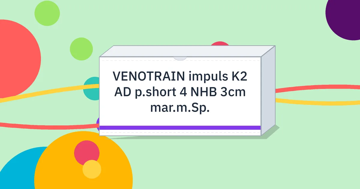 Symbolbild: Packung mit der Aufschrift VENOTRAIN impuls K2 AD p.short 4 NHB 3cm mar.m.Sp. (PZN 15223622) – Verfügbarkeit und Bezug in Apotheken in Frankfurt am Main