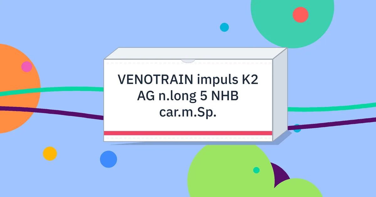 Symbolbild: Packung mit der Aufschrift VENOTRAIN impuls K2 AG n.long 5 NHB car.m.Sp. (PZN 00505668) – Verfügbarkeit und Bezug in Apotheken in Frankfurt am Main
