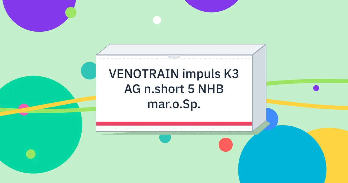 Symbolbild: Packung mit der Aufschrift VENOTRAIN impuls K3 AG n.short 5 NHB mar.o.Sp. (PZN 15215545) – Verfügbarkeit und Bezug in Apotheken in Frankfurt am Main