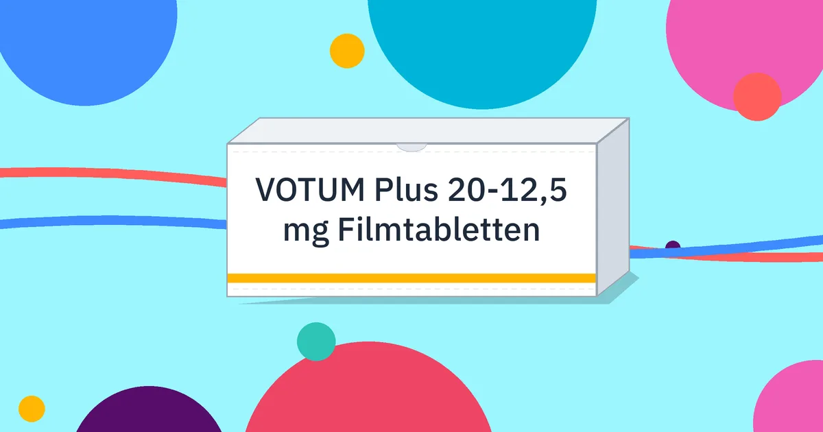 Symbolbild: Packung mit der Aufschrift VOTUM Plus 20-12,5 mg Filmtabletten (PZN 04187277) – Verfügbarkeit und Bezug in Apotheken in Frankfurt am Main