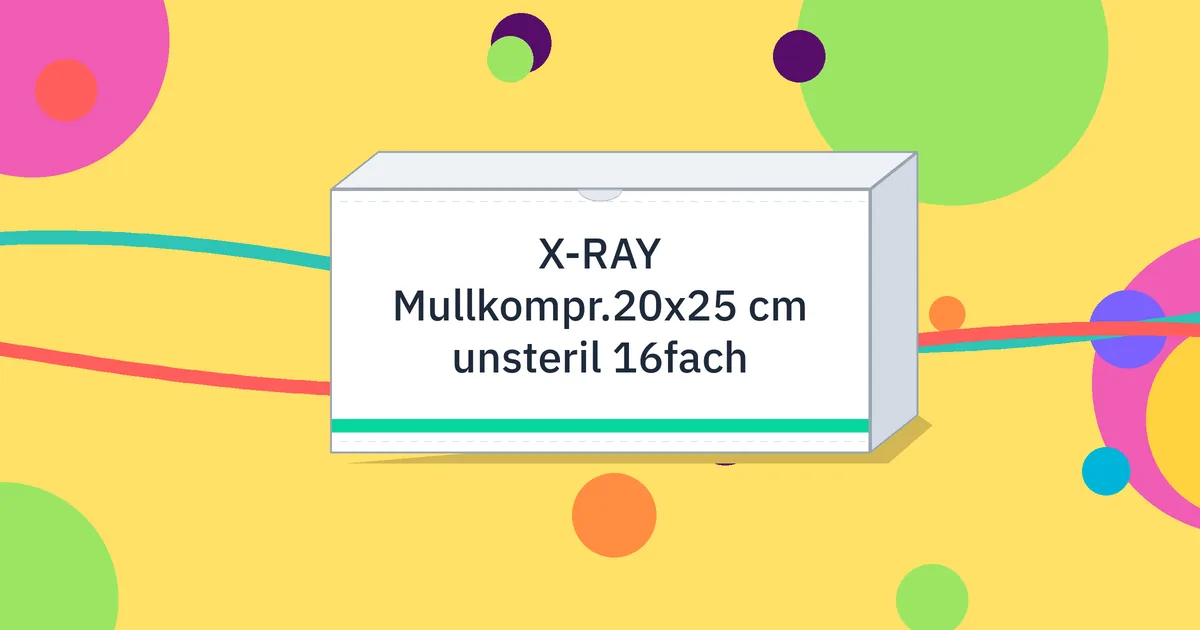 Symbolbild: Packung mit der Aufschrift X-RAY Mullkompr.20x25 cm unsteril 16fach (PZN 08486841) – Verfügbarkeit und Bezug in Apotheken in Frankfurt am Main