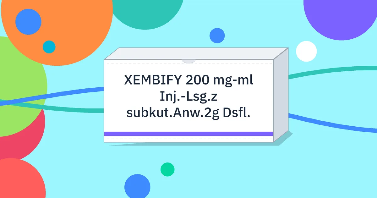 Symbolbild: Packung mit der Aufschrift XEMBIFY 200 mg-ml Inj.-Lsg.z subkut.Anw.2g Dsfl. (PZN 19399111) – Verfügbarkeit und Bezug in Apotheken in Frankfurt am Main