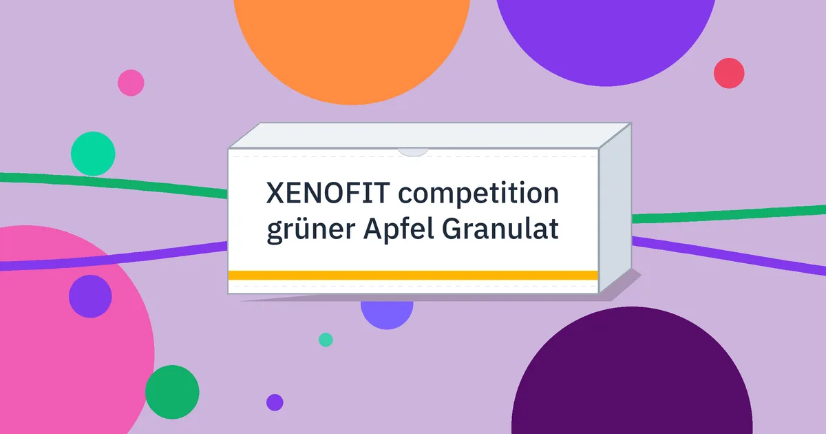 Symbolbild: Packung mit der Aufschrift XENOFIT competition grüner Apfel Granulat (PZN 06585450) – Verfügbarkeit und Bezug in Apotheken in Frankfurt am Main