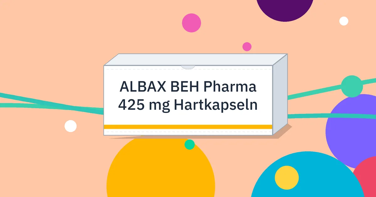Symbolbild: Packung mit der Aufschrift ALBAX BEH Pharma 425 mg Hartkapseln (PZN 19798012) – Verfügbarkeit und Bezug in Apotheken in Frankfurt am Main