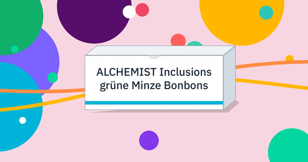 Symbolbild: Packung mit der Aufschrift ALCHEMIST Inclusions grüne Minze Bonbons (PZN 17153251) – Verfügbarkeit und Bezug in Apotheken in Frankfurt am Main