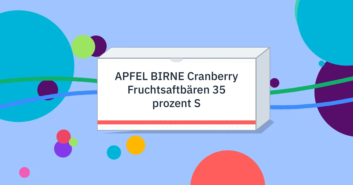 Symbolbild: Packung mit der Aufschrift APFEL BIRNE Cranberry Fruchtsaftbären 35 prozent S (PZN 17980563) – Verfügbarkeit und Bezug in Apotheken in Frankfurt am Main