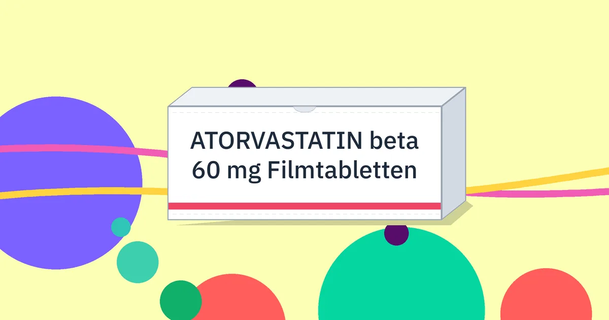 Symbolbild: Packung mit der Aufschrift ATORVASTATIN beta 60 mg Filmtabletten (PZN 20348952) – Verfügbarkeit und Bezug in Apotheken in Frankfurt am Main