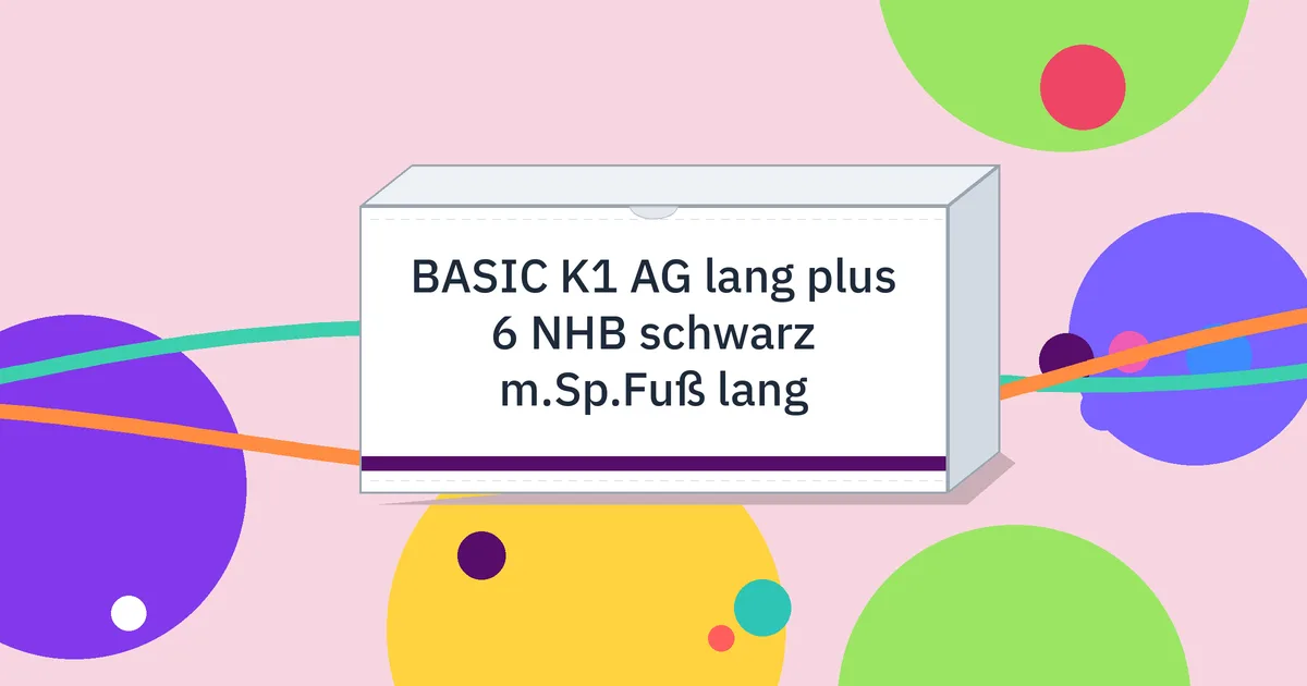 Symbolbild: Packung mit der Aufschrift BASIC K1 AG lang plus 6 NHB schwarz m.Sp.Fuß lang (PZN 20261731) – Verfügbarkeit und Bezug in Apotheken in Frankfurt am Main