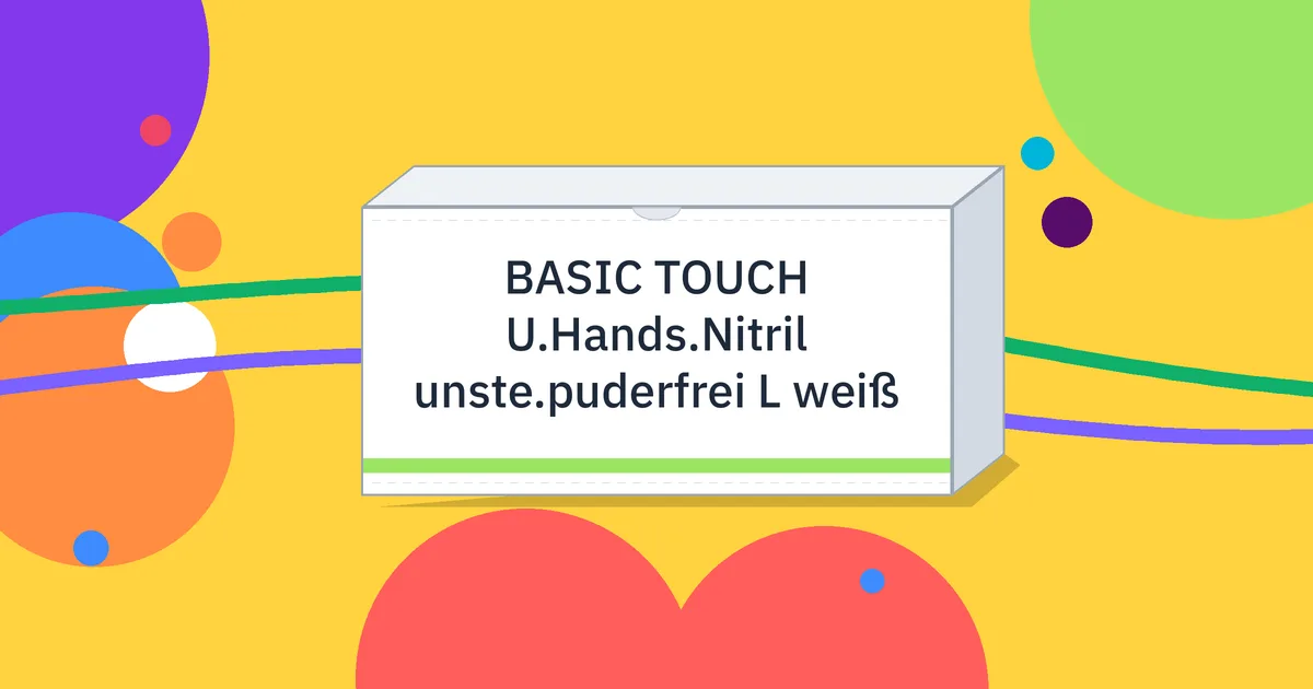 Symbolbild: Packung mit der Aufschrift BASIC TOUCH U.Hands.Nitril unste.puderfrei L weiß (PZN 15257549) – Verfügbarkeit und Bezug in Apotheken in Frankfurt am Main