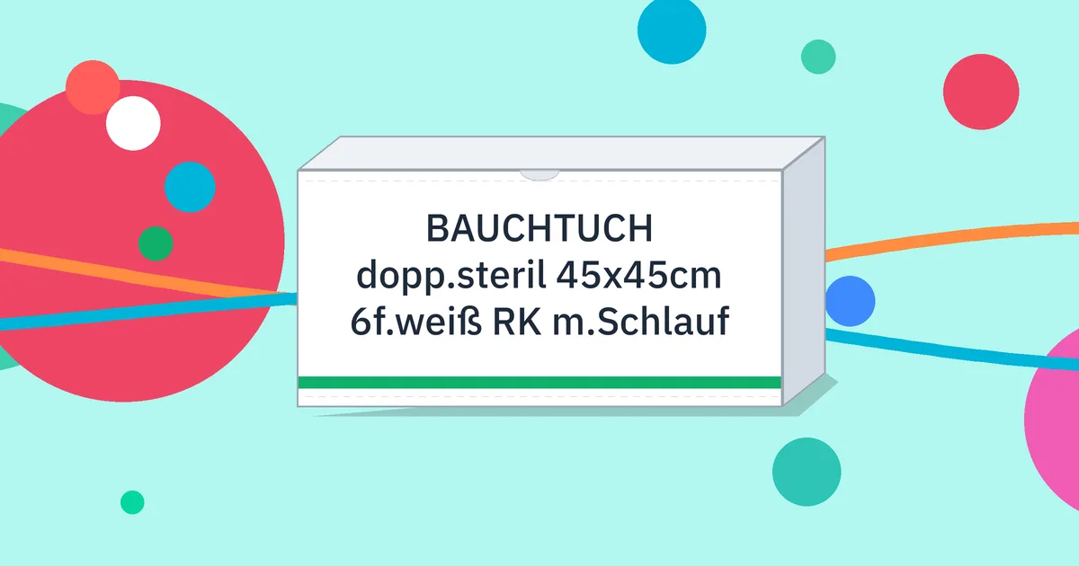 Symbolbild: Packung mit der Aufschrift BAUCHTUCH dopp.steril 45x45cm 6f.weiß RK m.Schlauf (PZN 13166357) – Verfügbarkeit und Bezug in Apotheken in Frankfurt am Main