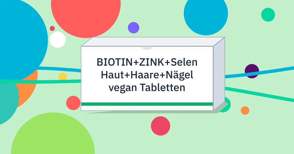 Symbolbild: Packung mit der Aufschrift BIOTIN+ZINK+Selen Haut+Haare+Nägel vegan Tabletten (PZN 19307103) – Verfügbarkeit und Bezug in Apotheken in Frankfurt am Main