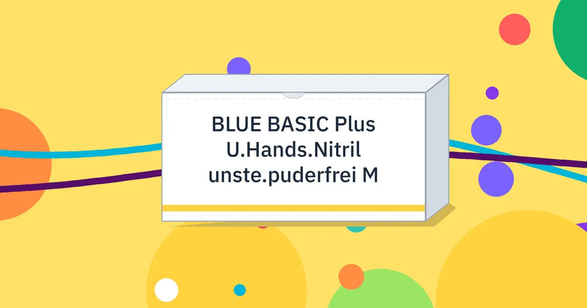 Symbolbild: Packung mit der Aufschrift BLUE BASIC Plus U.Hands.Nitril unste.puderfrei M (PZN 15577662) – Verfügbarkeit und Bezug in Apotheken in Frankfurt am Main