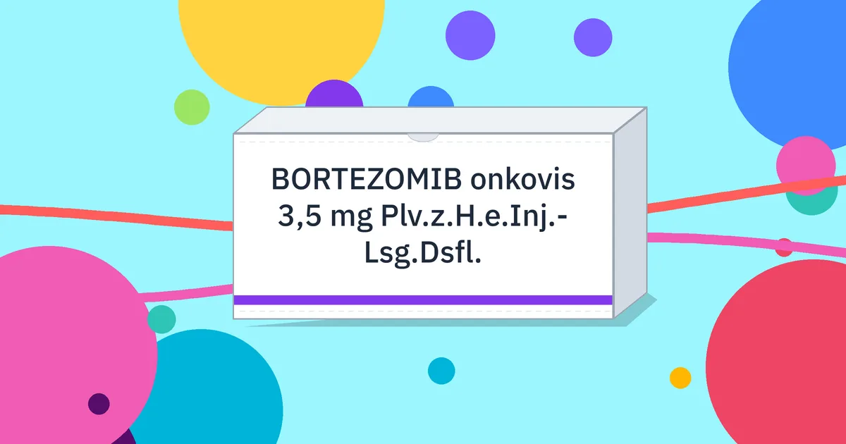 Symbolbild: Packung mit der Aufschrift BORTEZOMIB onkovis 3,5 mg Plv.z.H.e.Inj.-Lsg.Dsfl. (PZN 15206569) – Verfügbarkeit und Bezug in Apotheken in Frankfurt am Main