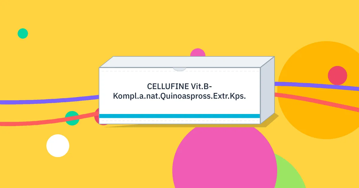 Symbolbild: Packung mit der Aufschrift CELLUFINE Vit.B-Kompl.a.nat.Quinoaspross.Extr.Kps. (PZN 19150104) – Verfügbarkeit und Bezug in Apotheken in Frankfurt am Main