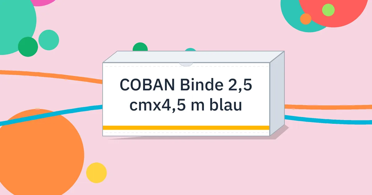 Symbolbild: Packung mit der Aufschrift COBAN Binde 2,5 cmx4,5 m blau (PZN 15292793) – Verfügbarkeit und Bezug in Apotheken in Frankfurt am Main