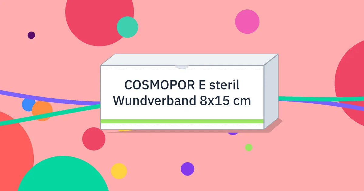 Symbolbild: Packung mit der Aufschrift COSMOPOR E steril Wundverband 8x15 cm (PZN 19520239) – Verfügbarkeit und Bezug in Apotheken in Frankfurt am Main