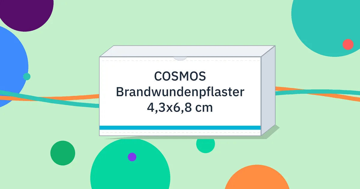 Symbolbild: Packung mit der Aufschrift COSMOS Brandwundenpflaster 4,3x6,8 cm (PZN 16823092) – Verfügbarkeit und Bezug in Apotheken in Frankfurt am Main