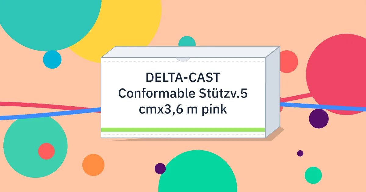 Symbolbild: Packung mit der Aufschrift DELTA-CAST Conformable Stützv.5 cmx3,6 m pink (PZN 04590872) – Verfügbarkeit und Bezug in Apotheken in Frankfurt am Main