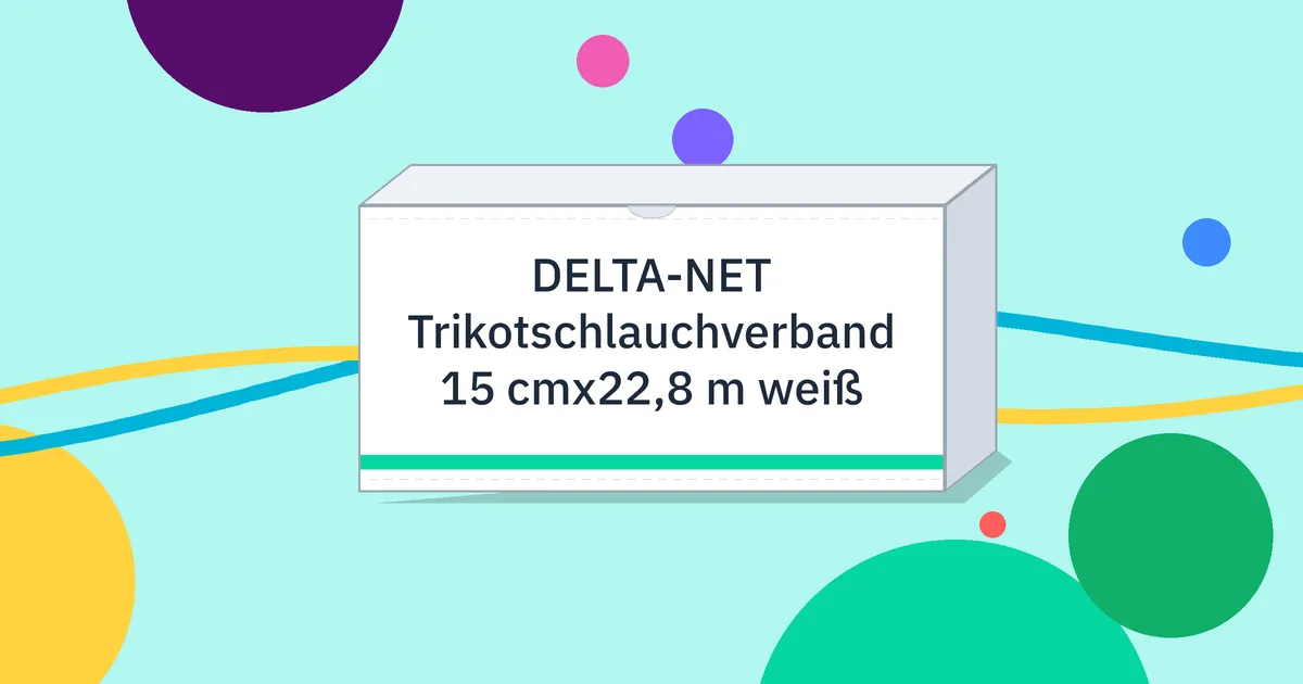 Symbolbild: Packung mit der Aufschrift DELTA-NET Trikotschlauchverband 15 cmx22,8 m weiß (PZN 00855411) – Verfügbarkeit und Bezug in Apotheken in Frankfurt am Main