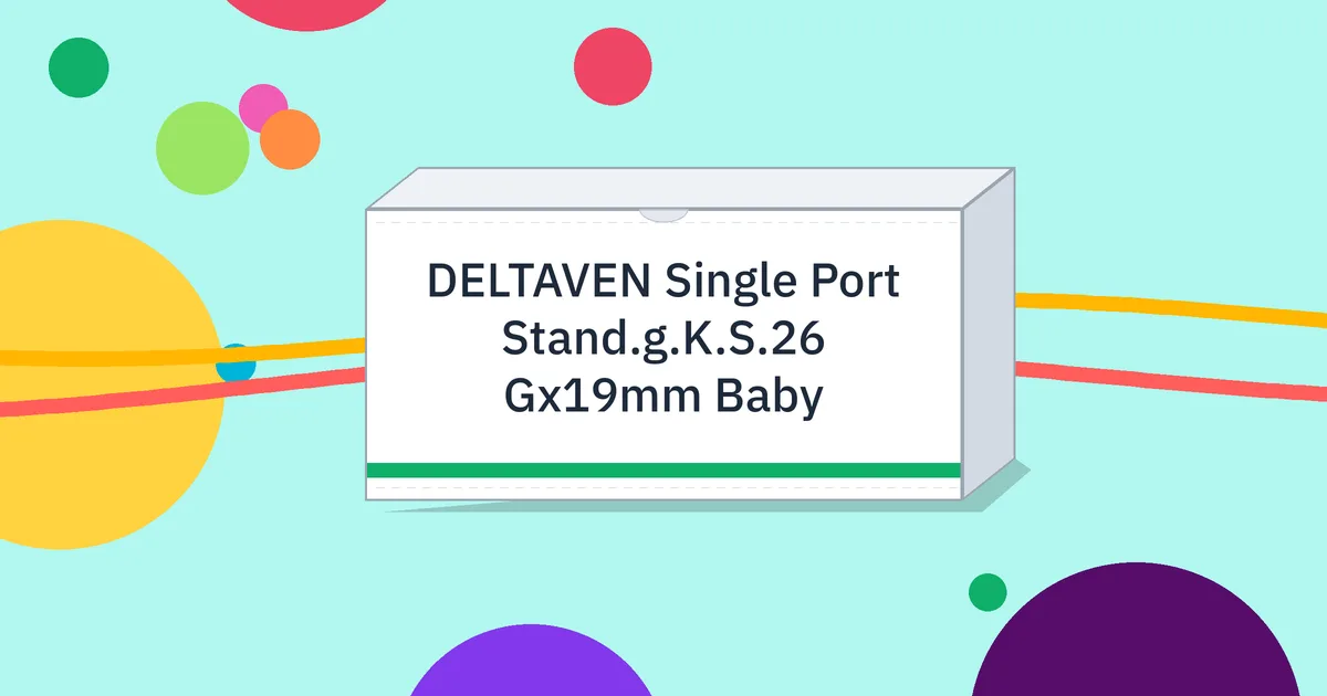 Symbolbild: Packung mit der Aufschrift DELTAVEN Single Port Stand.g.K.S.26 Gx19mm Baby (PZN 18873349) – Verfügbarkeit und Bezug in Apotheken in Frankfurt am Main