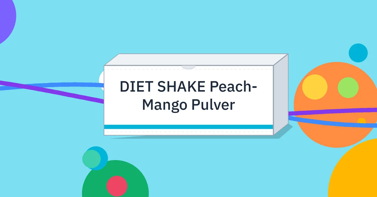 Symbolbild: Packung mit der Aufschrift DIET SHAKE Peach-Mango Pulver (PZN 10828088) – Verfügbarkeit und Bezug in Apotheken in Frankfurt am Main