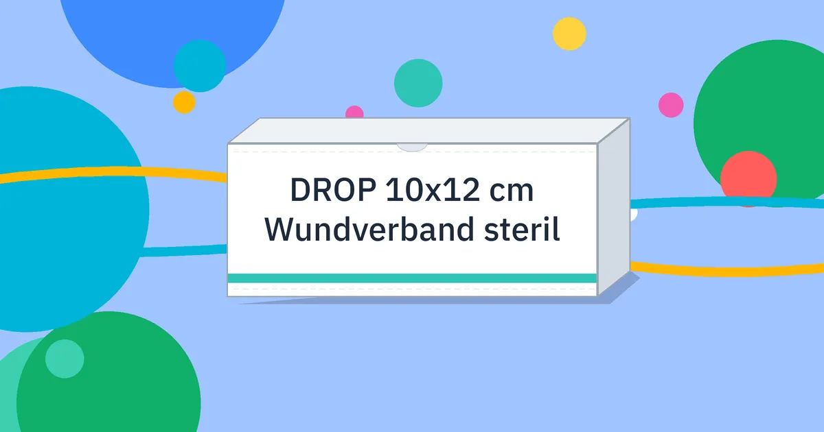 Symbolbild: Packung mit der Aufschrift DROP 10x12 cm Wundverband steril (PZN 03274643) – Verfügbarkeit und Bezug in Apotheken in Frankfurt am Main