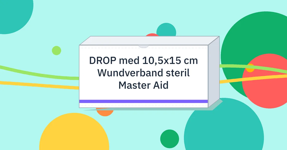 Symbolbild: Packung mit der Aufschrift DROP med 10,5x15 cm Wundverband steril Master Aid (PZN 00104159) – Verfügbarkeit und Bezug in Apotheken in Frankfurt am Main