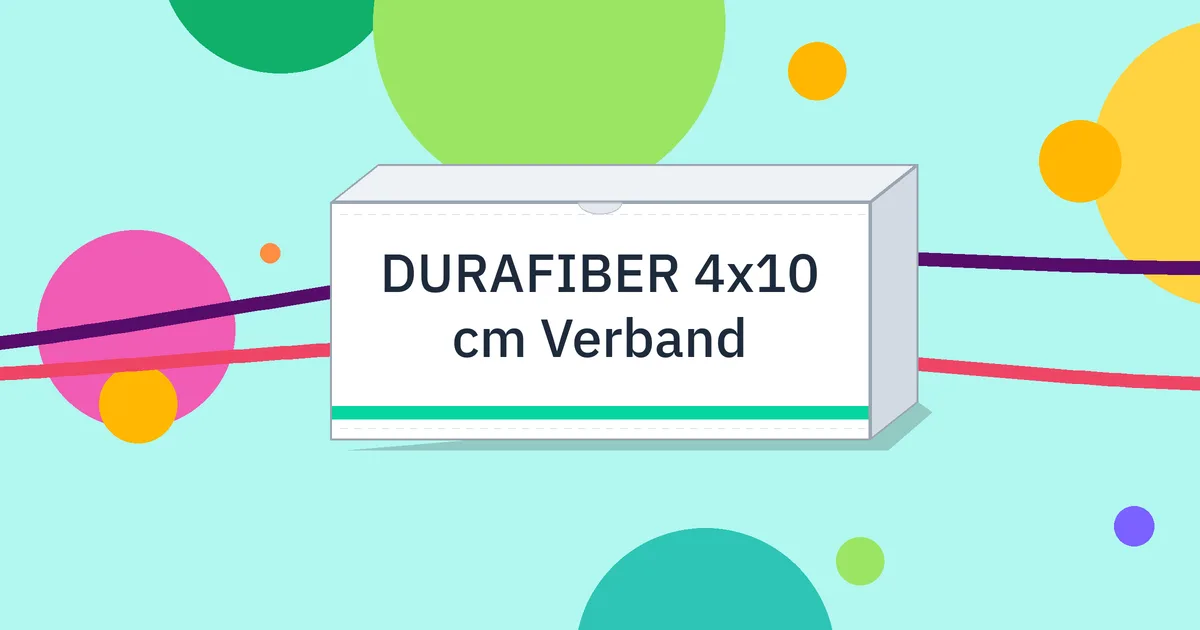 Symbolbild: Packung mit der Aufschrift DURAFIBER 4x10 cm Verband (PZN 13347797) – Verfügbarkeit und Bezug in Apotheken in Frankfurt am Main