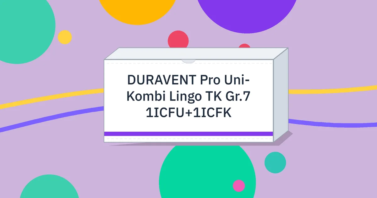 Symbolbild: Packung mit der Aufschrift DURAVENT Pro Uni-Kombi Lingo TK Gr.7 1ICFU+1ICFK (PZN 19242585) – Verfügbarkeit und Bezug in Apotheken in Frankfurt am Main