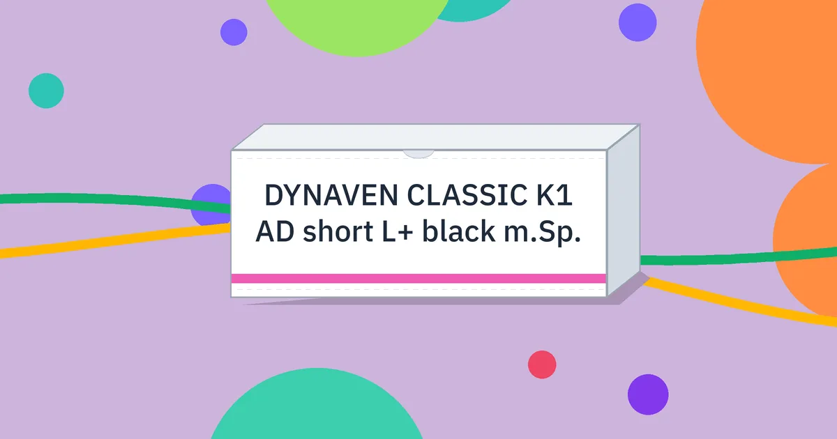 Symbolbild: Packung mit der Aufschrift DYNAVEN CLASSIC K1 AD short L+ black m.Sp. (PZN 18414831) – Verfügbarkeit und Bezug in Apotheken in Frankfurt am Main