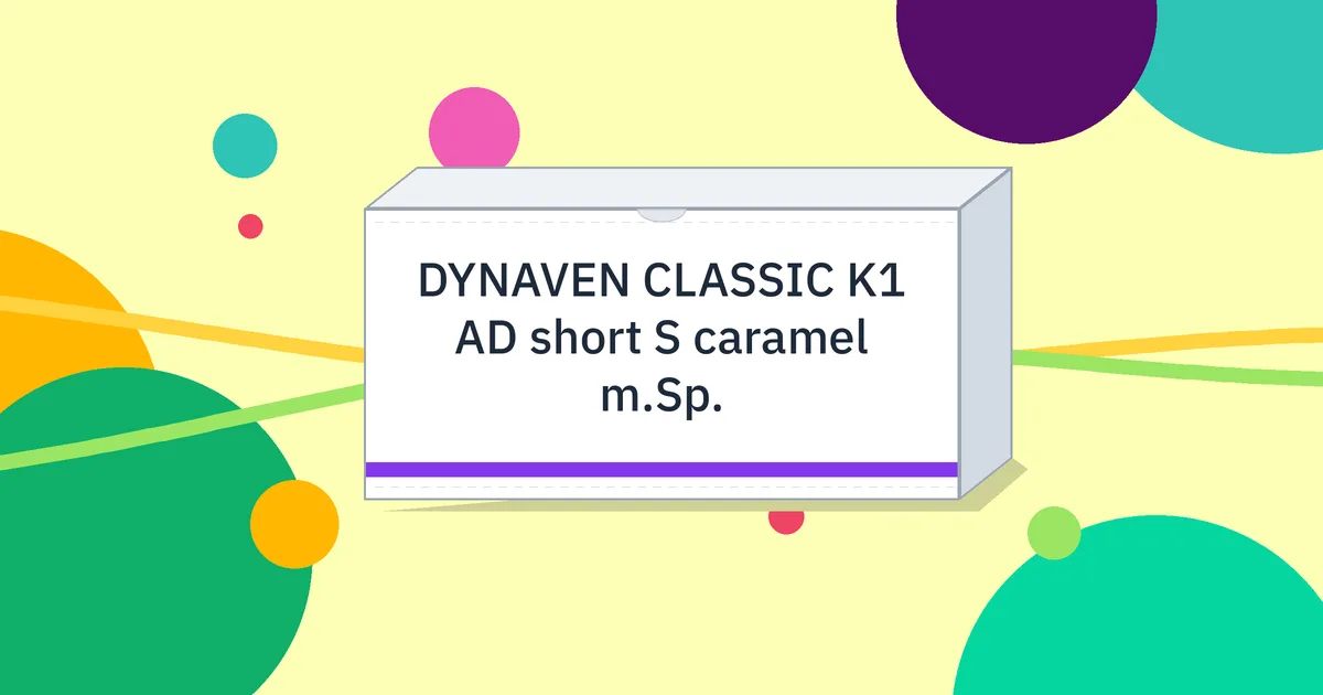 Symbolbild: Packung mit der Aufschrift DYNAVEN CLASSIC K1 AD short S caramel m.Sp. (PZN 18414854) – Verfügbarkeit und Bezug in Apotheken in Frankfurt am Main