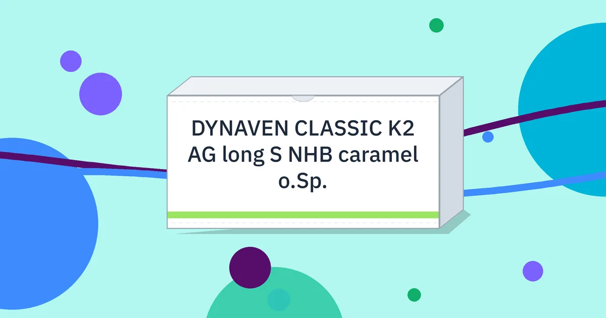 Symbolbild: Packung mit der Aufschrift DYNAVEN CLASSIC K2 AG long S NHB caramel o.Sp. (PZN 18418409) – Verfügbarkeit und Bezug in Apotheken in Frankfurt am Main