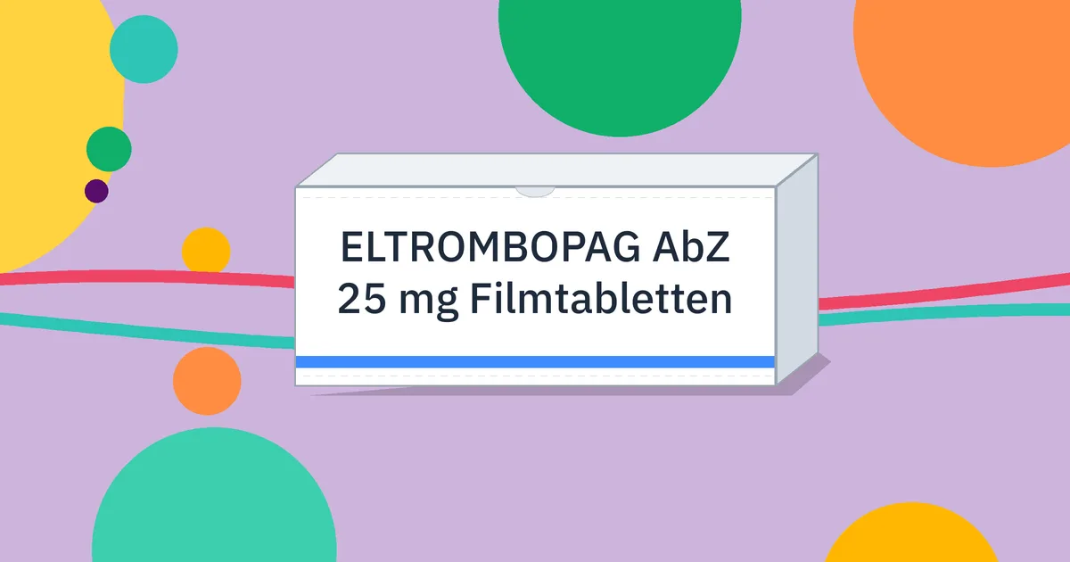 Symbolbild: Packung mit der Aufschrift ELTROMBOPAG AbZ 25 mg Filmtabletten (PZN 19806059) – Verfügbarkeit und Bezug in Apotheken in Frankfurt am Main