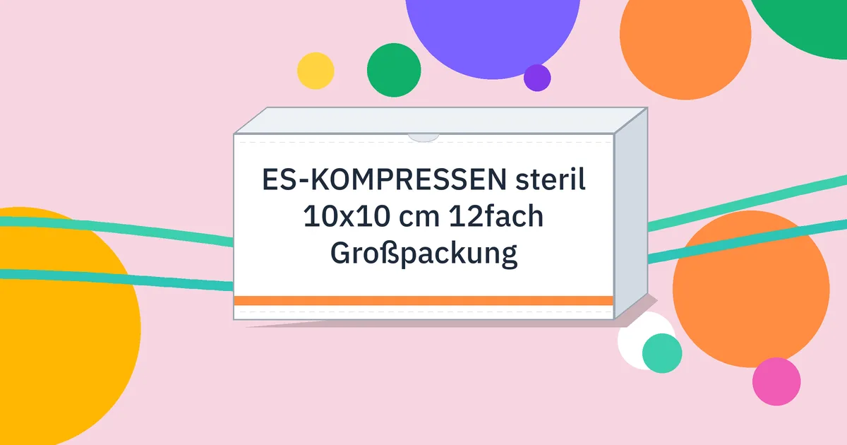 Symbolbild: Packung mit der Aufschrift ES-KOMPRESSEN steril 10x10 cm 12fach Großpackung (PZN 06454133) – Verfügbarkeit und Bezug in Apotheken in Frankfurt am Main