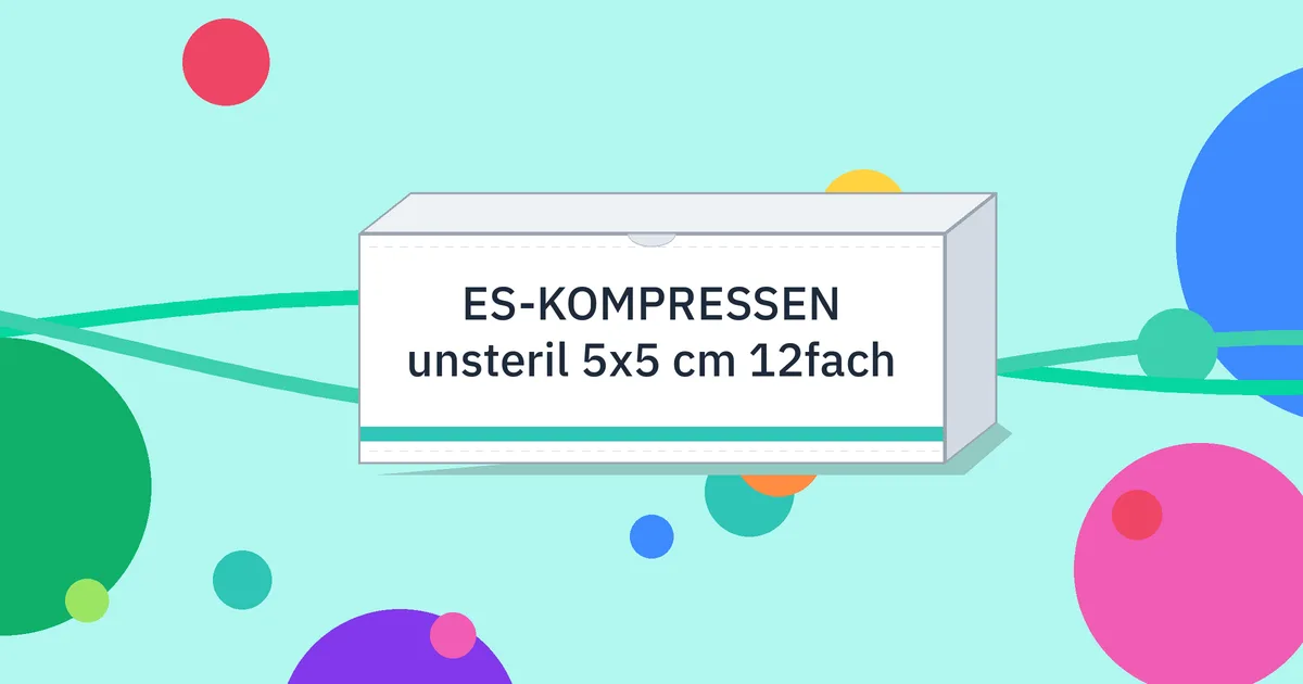 Symbolbild: Packung mit der Aufschrift ES-KOMPRESSEN unsteril 5x5 cm 12fach (PZN 01447163) – Verfügbarkeit und Bezug in Apotheken in Frankfurt am Main