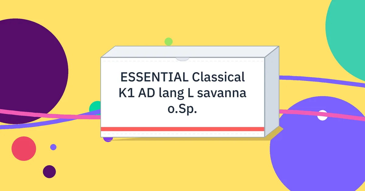Symbolbild: Packung mit der Aufschrift ESSENTIAL Classical K1 AD lang L savanna o.Sp. (PZN 17003853) – Verfügbarkeit und Bezug in Apotheken in Frankfurt am Main