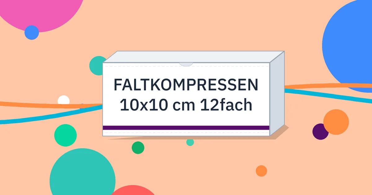 Symbolbild: Packung mit der Aufschrift FALTKOMPRESSEN 10x10 cm 12fach (PZN 01960498) – Verfügbarkeit und Bezug in Apotheken in Frankfurt am Main
