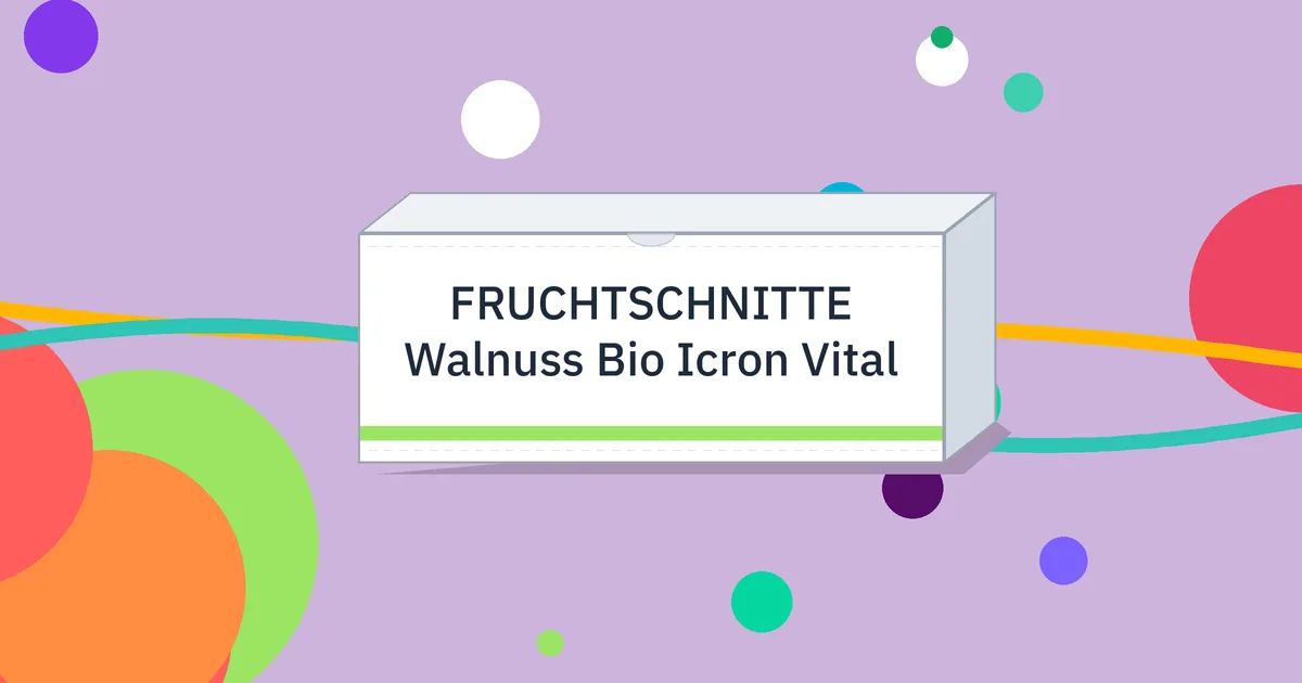 Symbolbild: Packung mit der Aufschrift FRUCHTSCHNITTE Walnuss Bio Icron Vital (PZN 01912080) – Verfügbarkeit und Bezug in Apotheken in Frankfurt am Main
